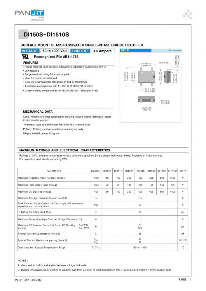 PANJIT DI156S datasheet page 1