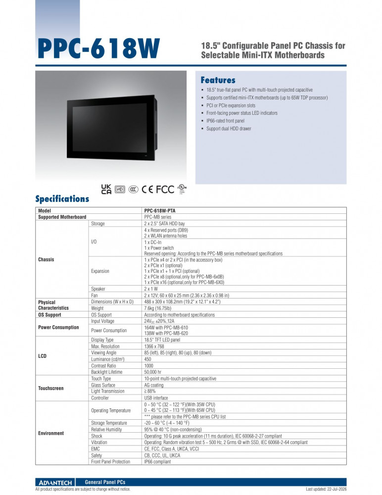 ADVANTECH PPC-618W technical document, page 1