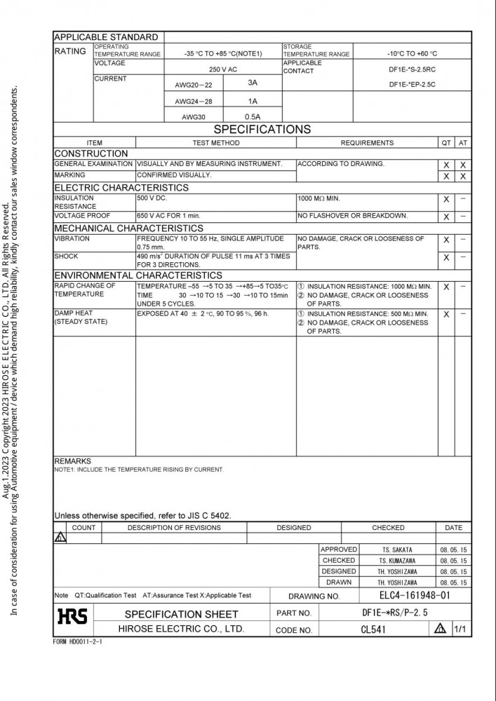 HRS DF1E-8RS/P-2.5 specification sheet