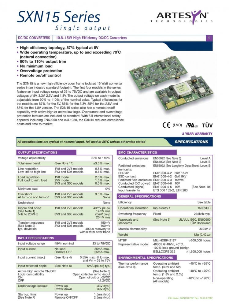 Artesyn SXN15 datasheet page 1