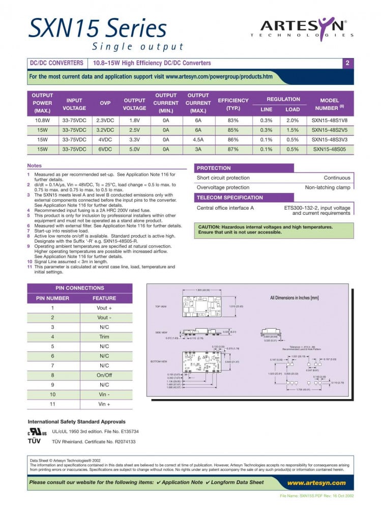 Artesyn SXN15 datasheet page 2