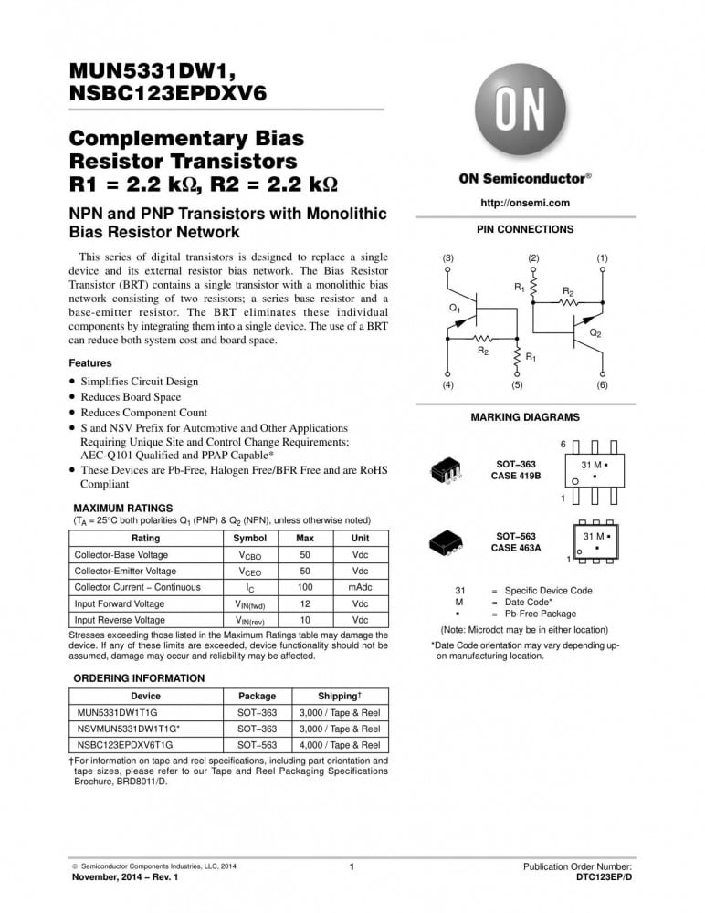 NSVMUN5331DW1T1G datasheet page 1