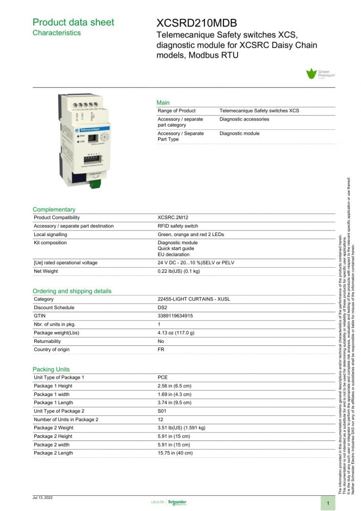 XCSRD210MDB technical documentation page 1