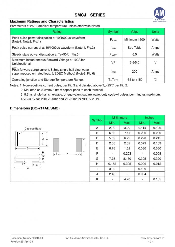 amsem SMCJ TVS datasheet page 2