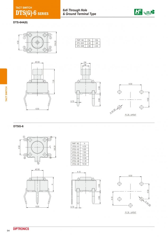Diptronics DTS-6 series dimensions and PCB layout