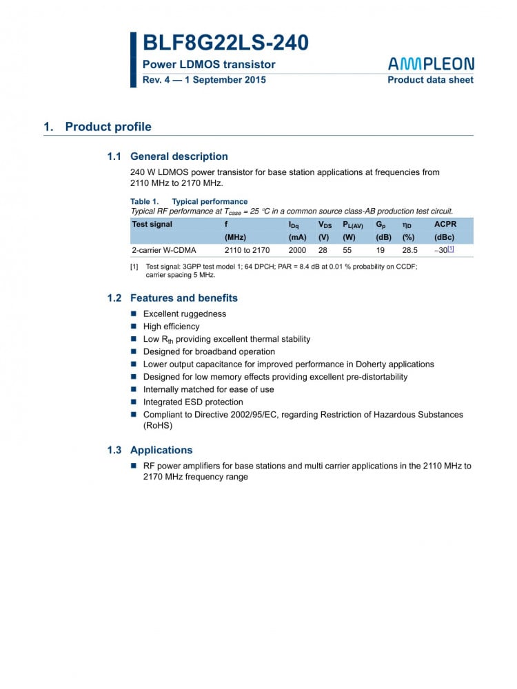 BLF8G22LS-240J datasheet page 1