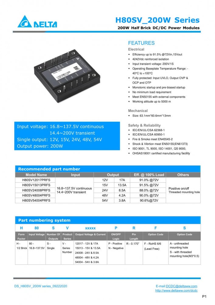 DELTA H80SV15013PRFS datasheet page 1