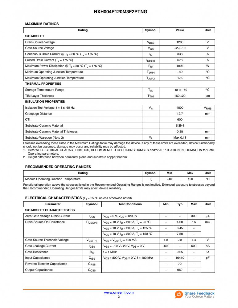 NXH004P120M3F2PTNG technical document page 3