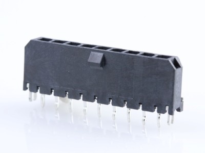 Micro-Fit 3.0 Vertical Header, 3.00mm Pitch, Single Row, 9 Circuits, with PCB Press-fit Metal Retention Clip, 0.76µm Gold Plating, Glow-Wire Capable, Black, Tape and Reel