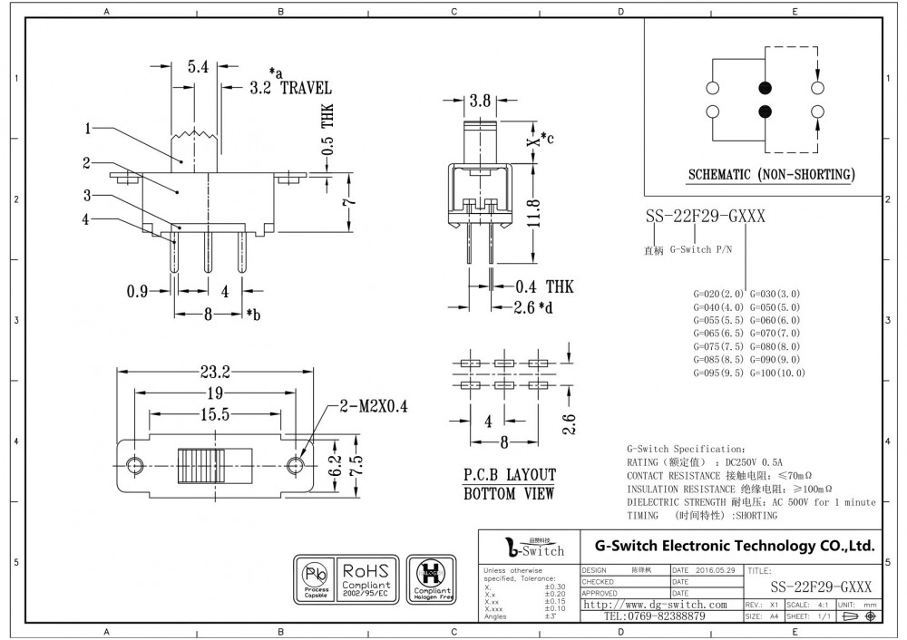 SS-22F29-G070 technical drawing and PCB layout