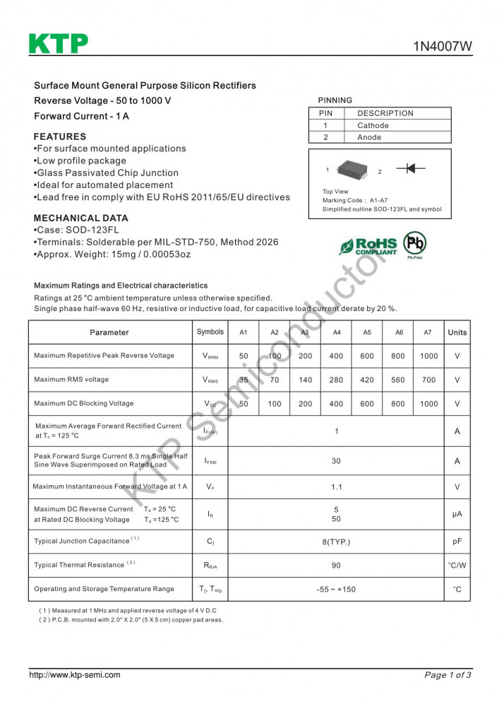 1N4007W datasheet page 1