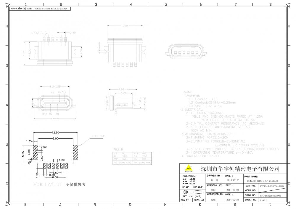 HOAUC HYCW245-USBC06-080B technical drawing