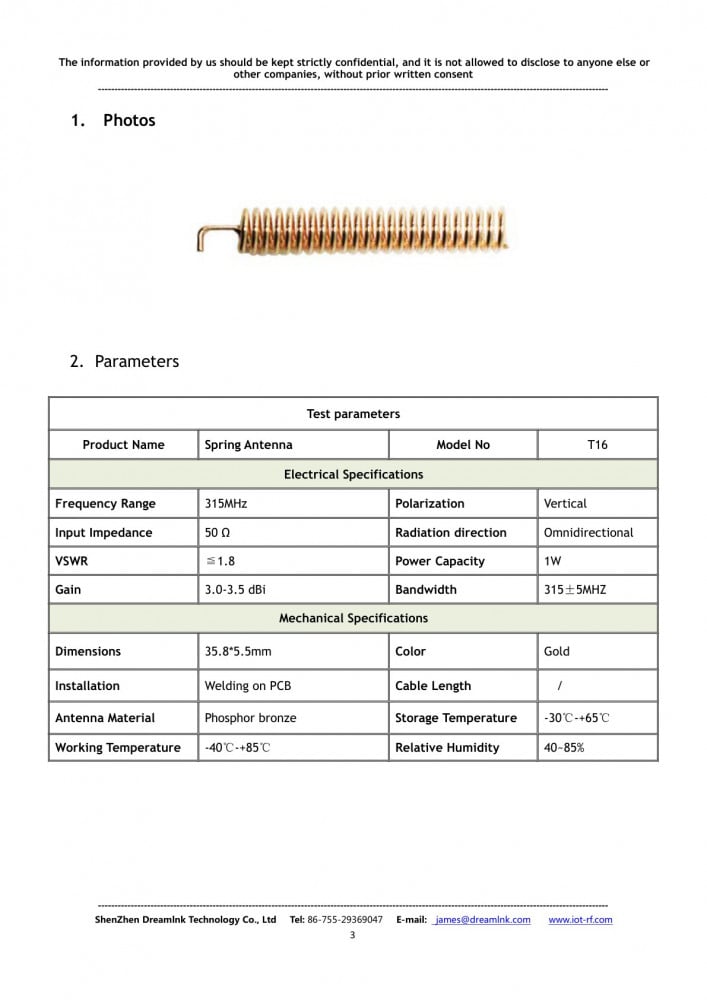 DreamLNK T16-315M test parameters