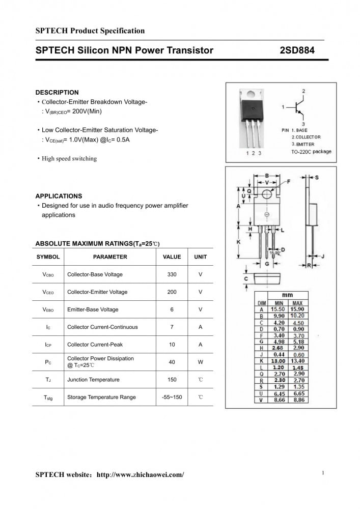 2SD884 SPTECH datasheet page 1