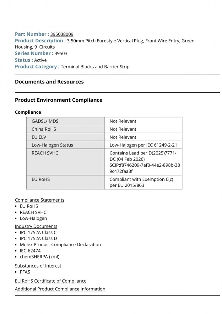 Technical document page 1 for MOLEX 395038009