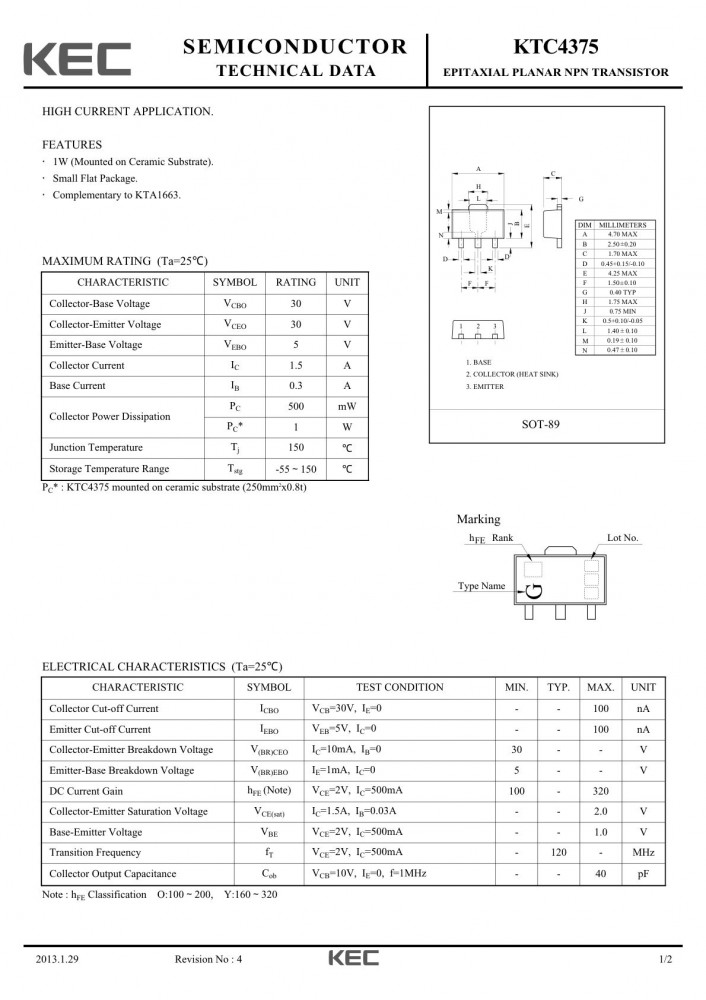 KTC4375-Y-RTF/P datasheet page 1