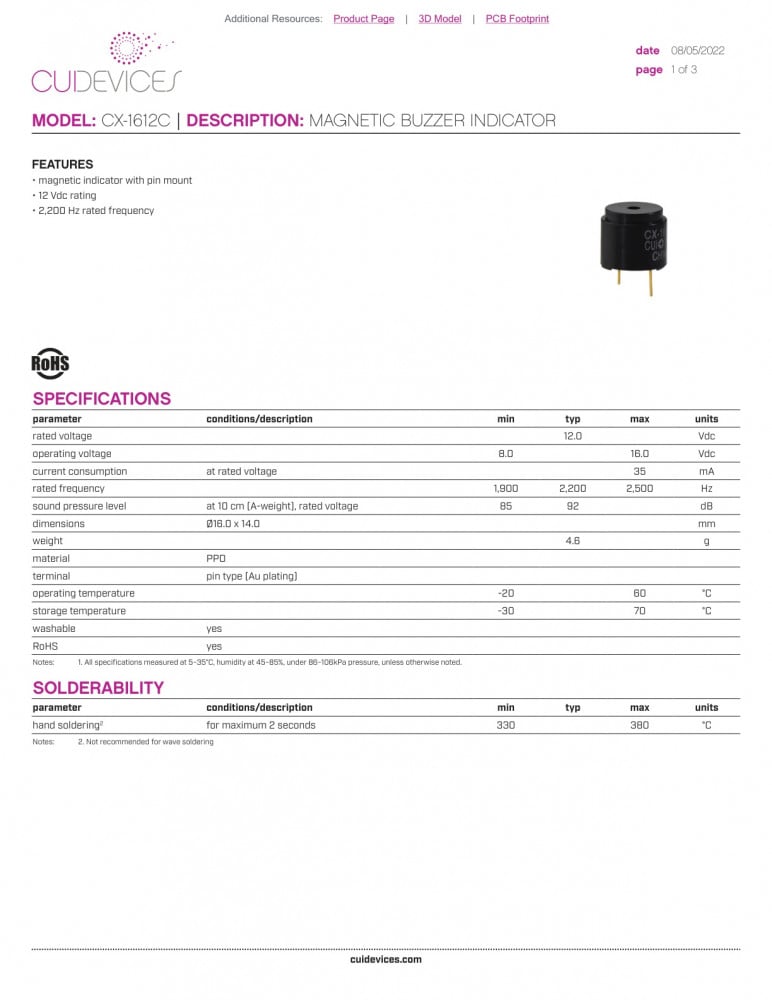CX-1612C datasheet page 1