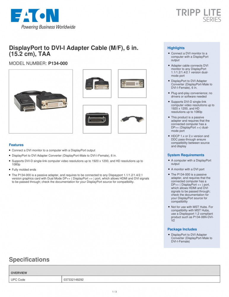 P134-000 product documentation page 1