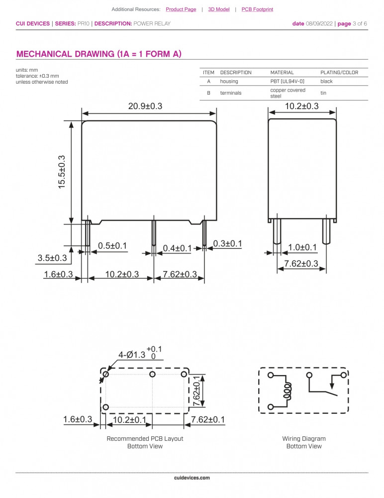 CUI PR10 relay datasheet page 3