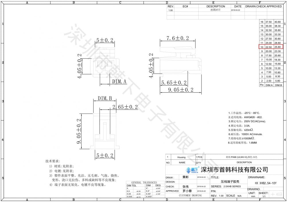 XHB2.54-10Y specification page 1