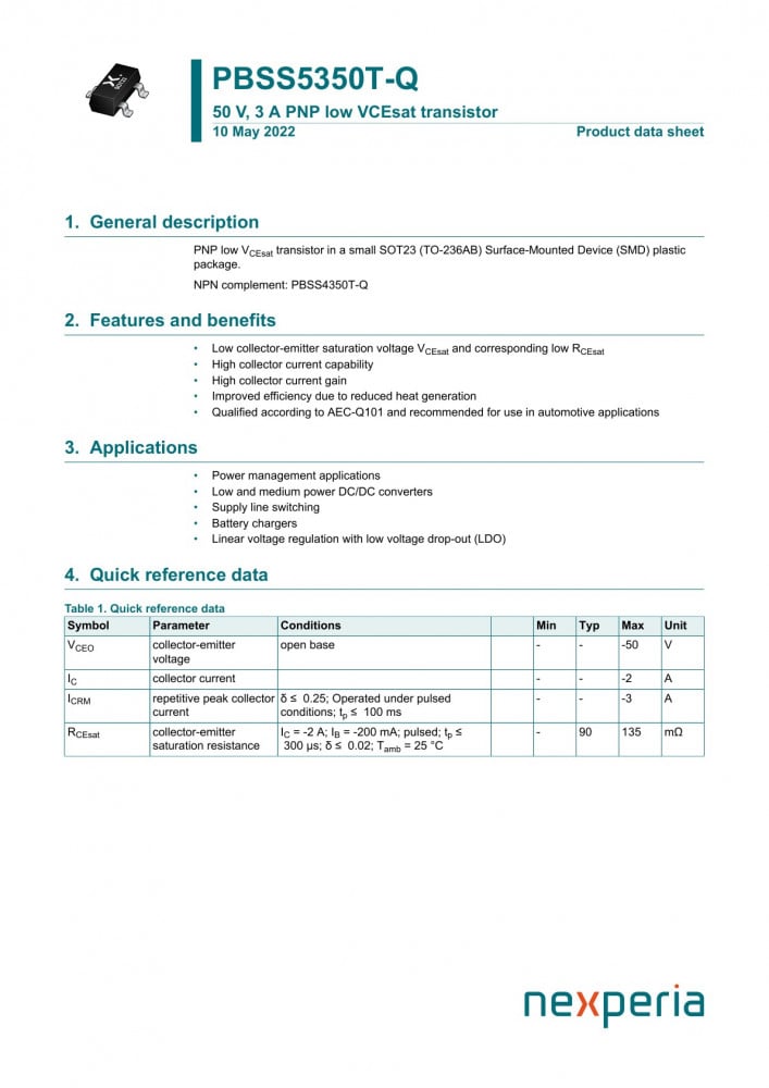 PBSS5350T-QR datasheet page 1
