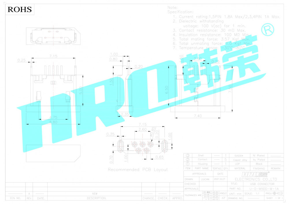 U-D-M5DD-W-1A USB connector technical drawing