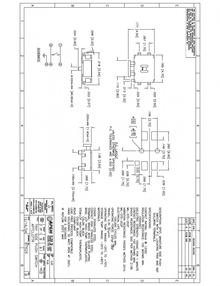 APEM APTCFP1VTR technical drawing page 1