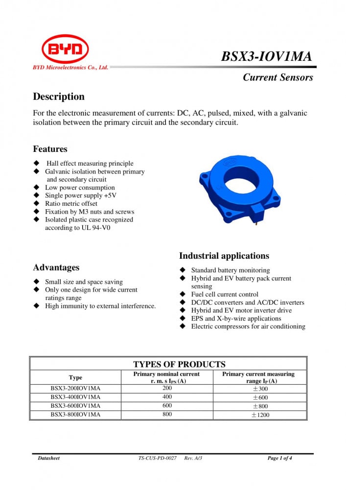 BSX3 series current sensor datasheet page 1
