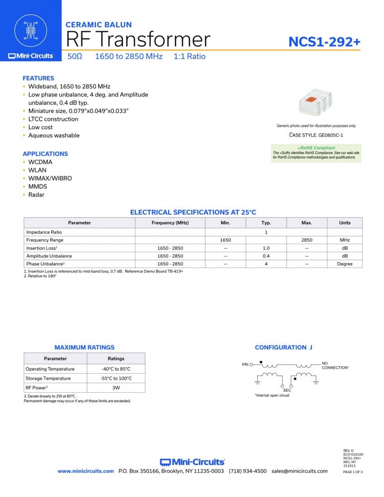 NCS1-292+ datasheet page 1
