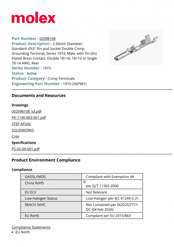 Molex .093 standard pin terminal document page 1