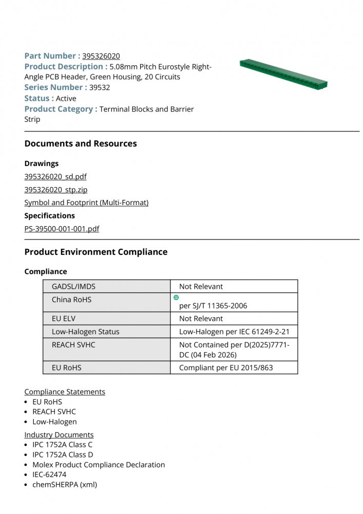 MOLEX 395326020 product document preview, page 1