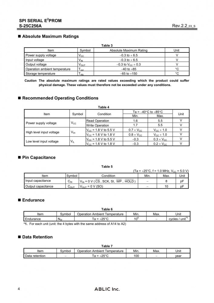 ABLIC S-25C256A datasheet page 4