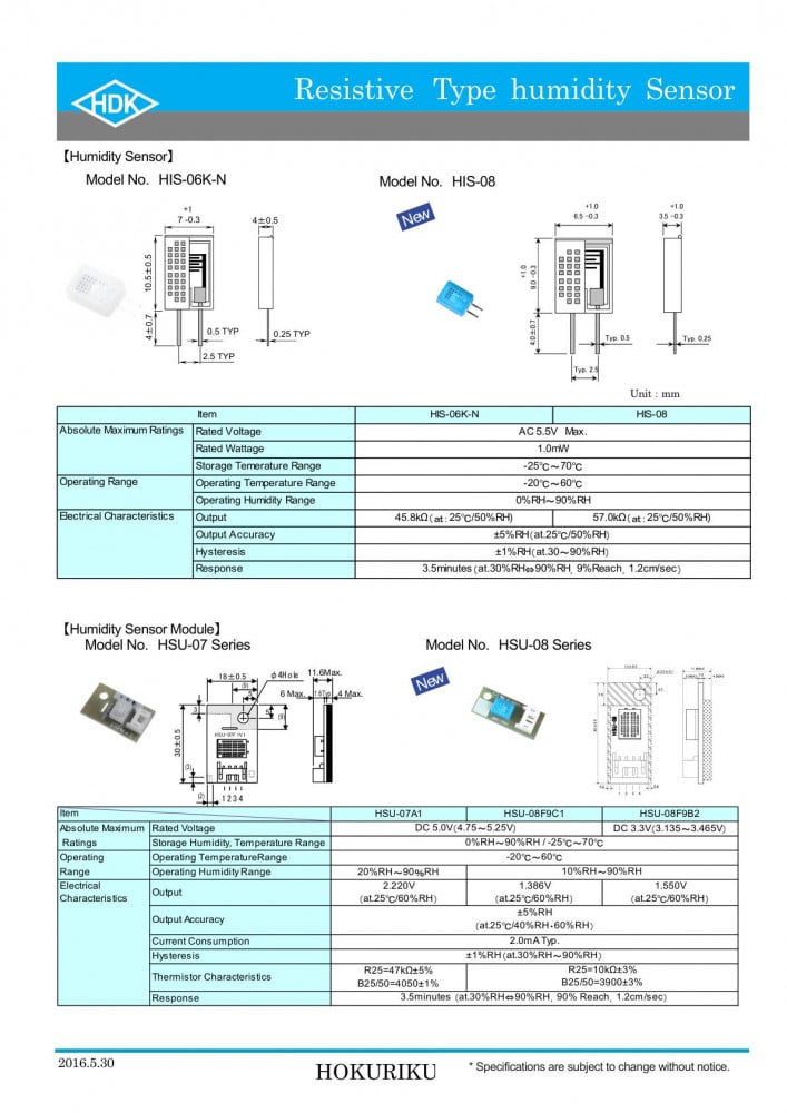 HDK HIS-06K-N humidity sensor technical document page