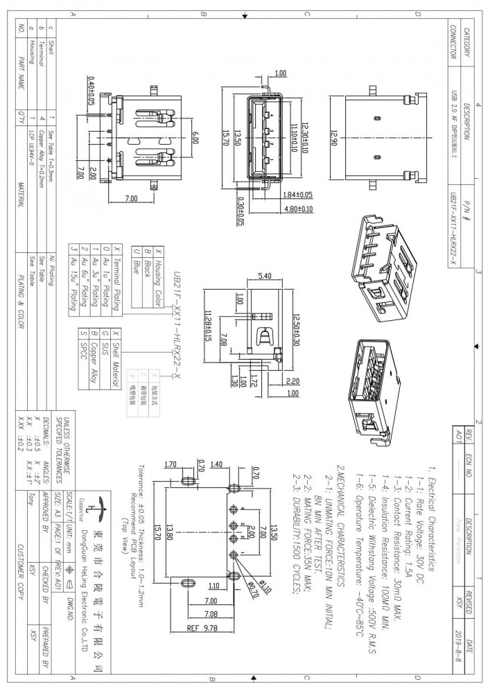 Heling UB21F-B011-HLRG22-P USB DVI HDMI Connector Assembly index 1