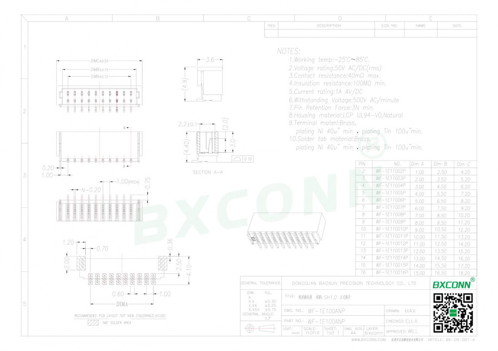 BXCONN WF-1E100A15P technical drawing page 1