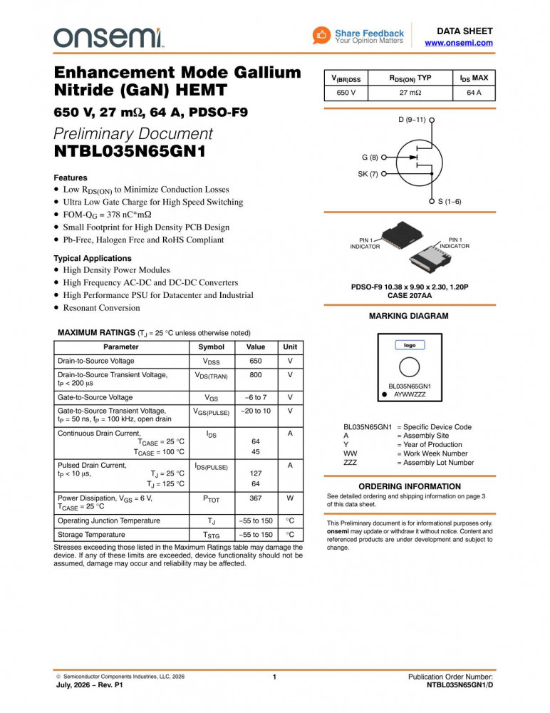 NTBL035N65GN1 datasheet page 1