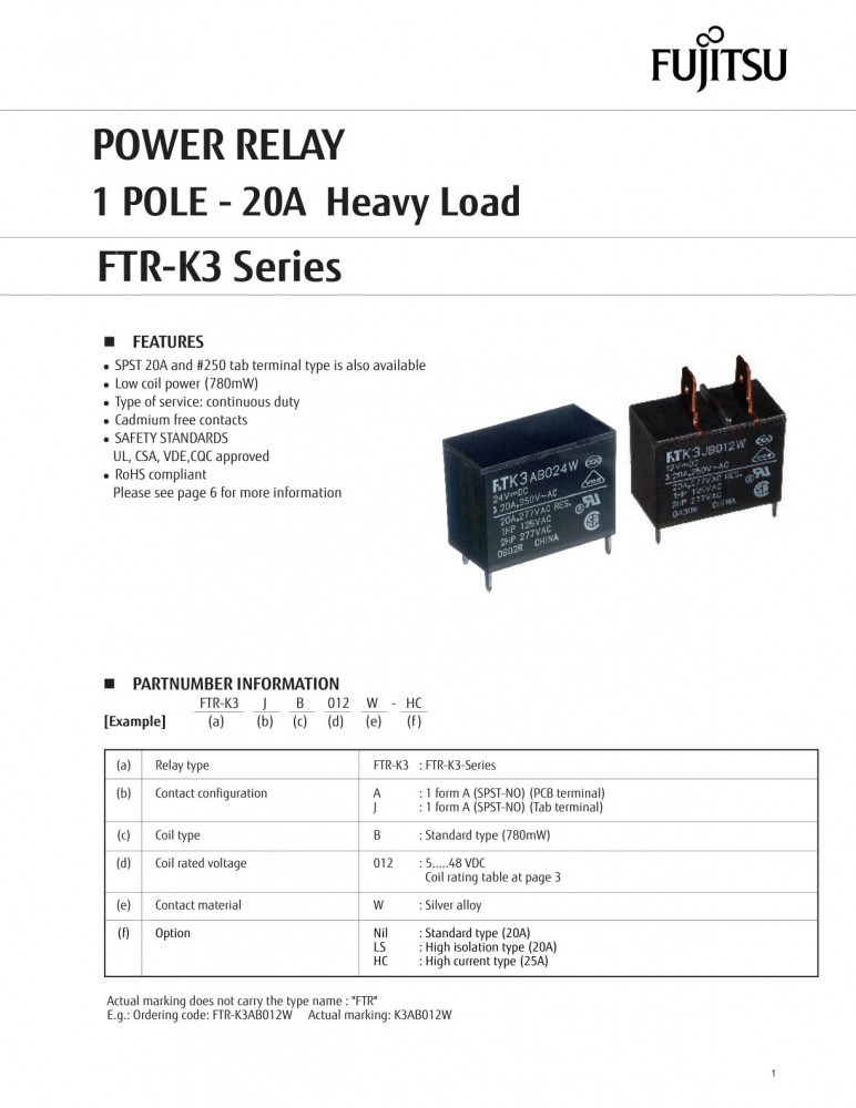 FTR-K3 datasheet page 1