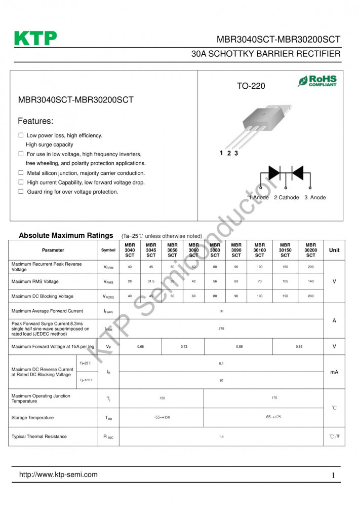 KTP MBR30150SCT datasheet page 1