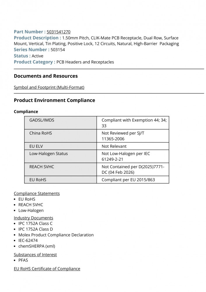 Technical document page 1 for MOLEX 5031541270