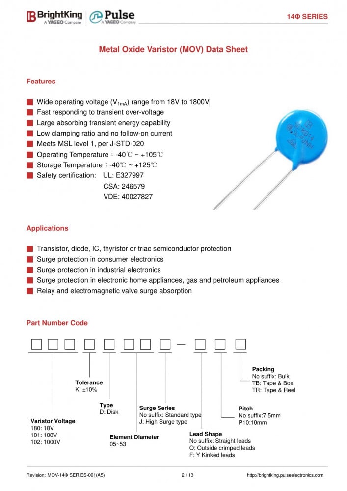 BrightKing MOV datasheet page 1