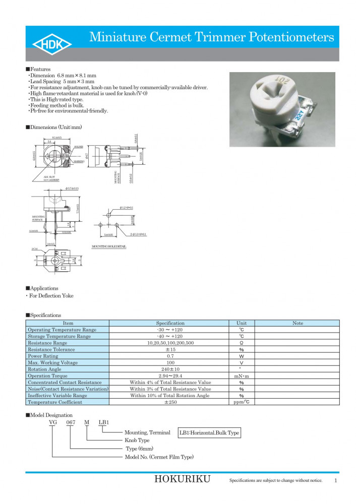 HDK VZ067TL1B103 datasheet page 1