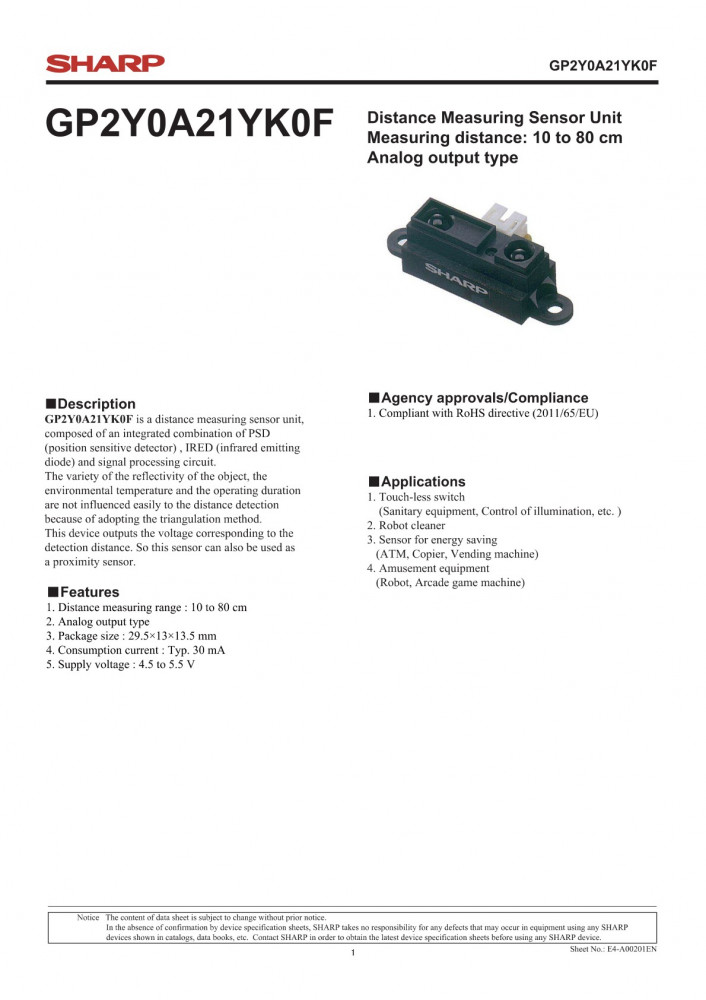 GP2Y0A21YK0F datasheet page 1