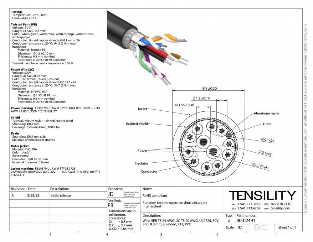 Tensility International 30-02491 cable specification drawing