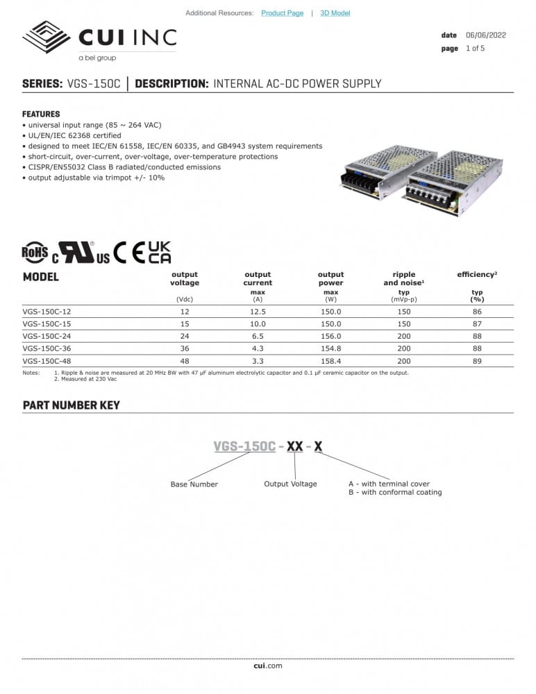 CUI VGS-150C datasheet page 1