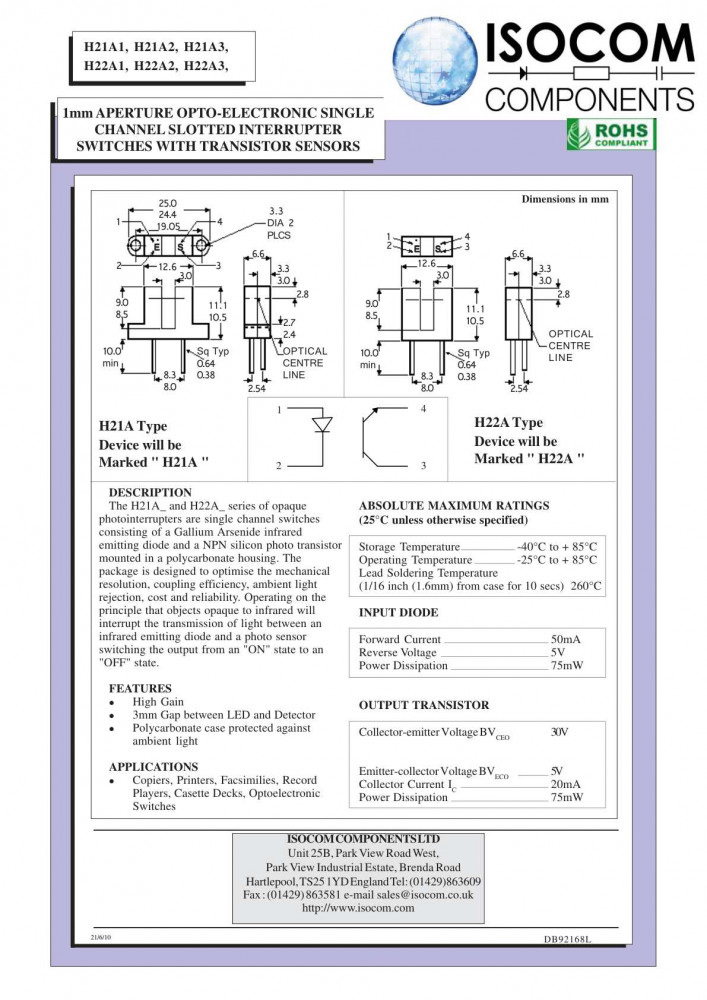ISOCOM H21A2 datasheet page 1