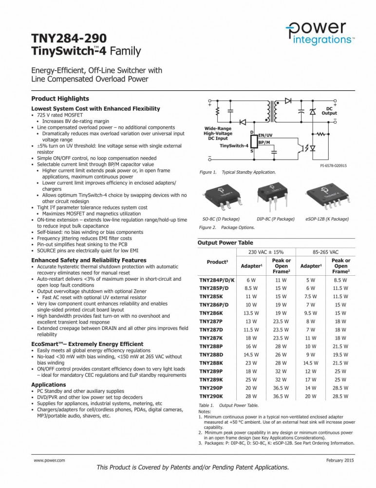 TNY284-290 TinySwitch-4 datasheet page 1