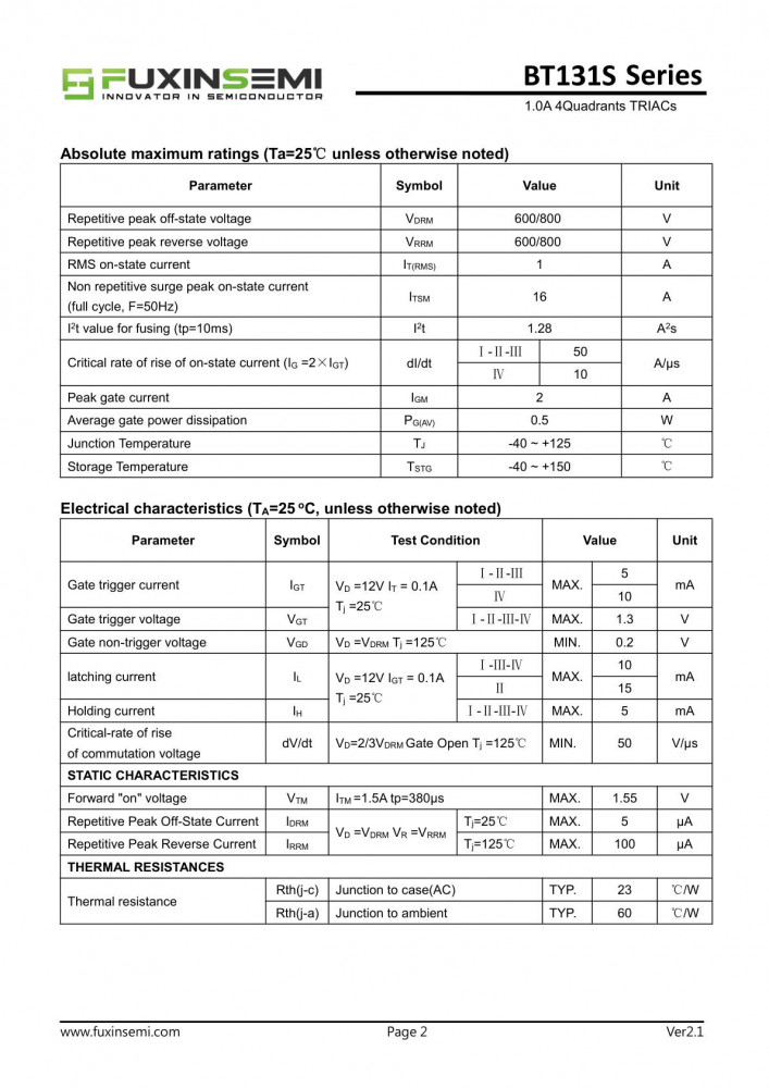 BT131S datasheet page 2