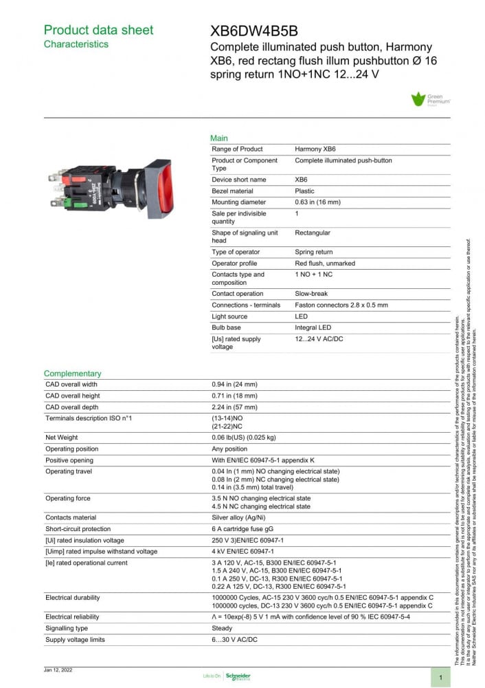 XB6DW4B5B technical document page 1