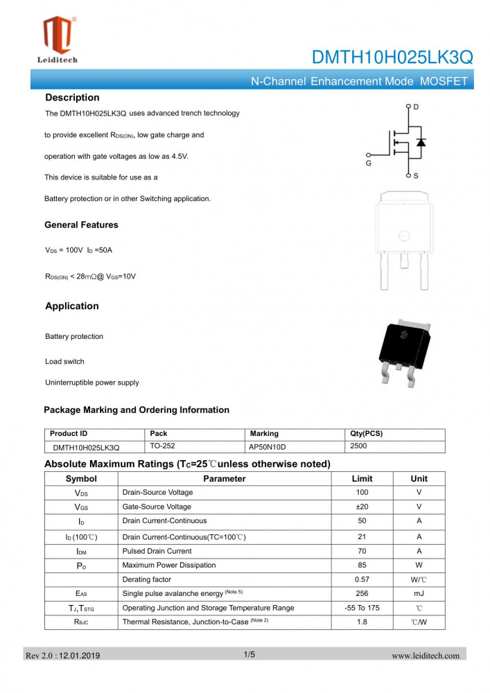 DMTH10H025LK3Q datasheet page 1