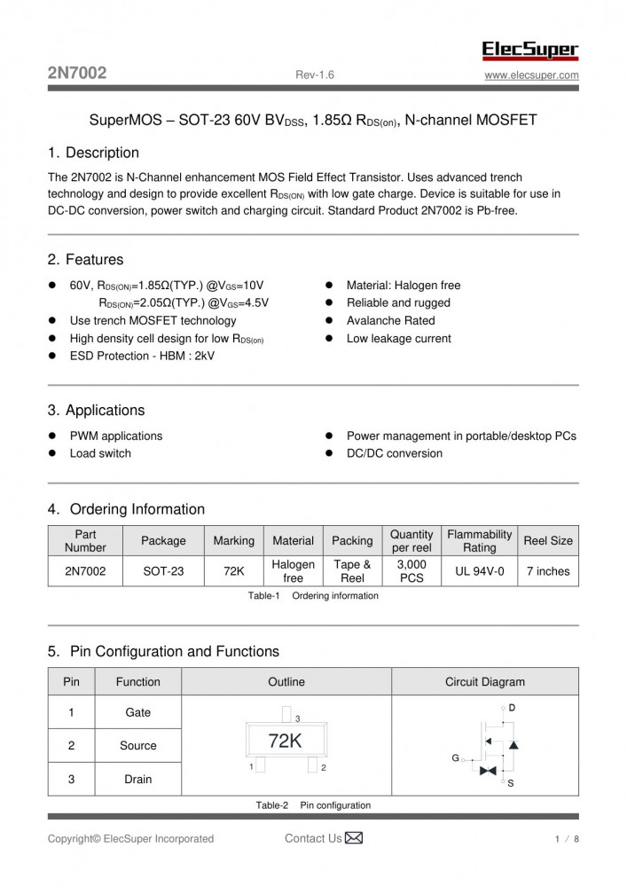 2N7002 datasheet page 1